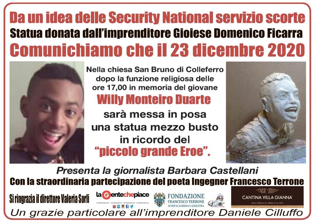 Colleferro, una statua in onore di Willy a tre mesi dal suo brutale ...