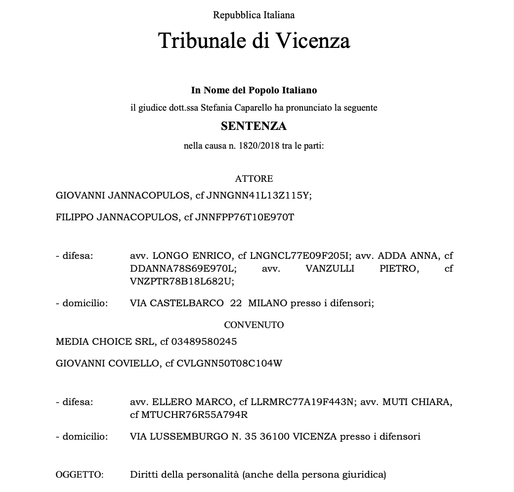 Tribunale: articoli VicenzaPiù diffamarono Jannacopulos (Rete Veneta)